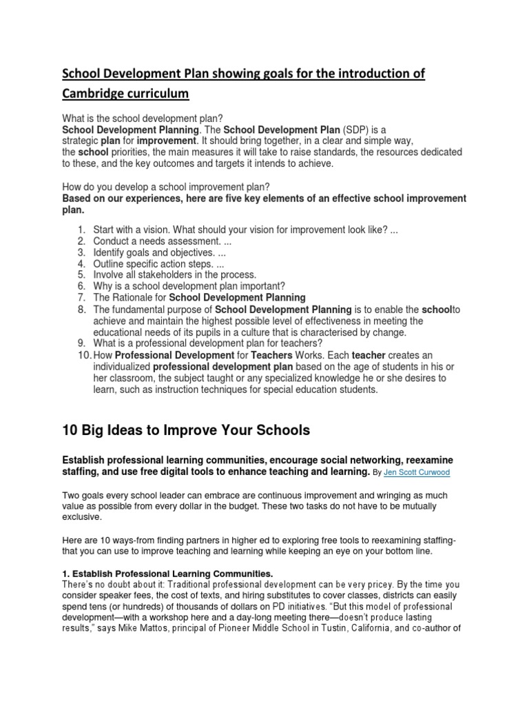 School Development Plan Showing Goals For The Introduction of Cambridge ...
