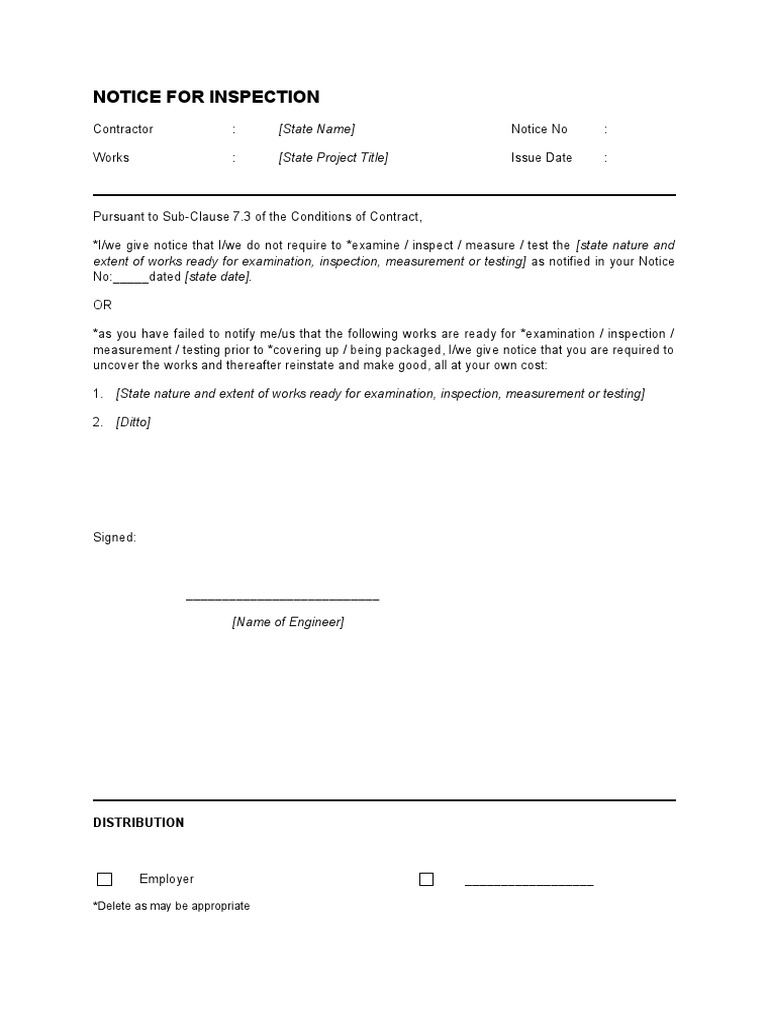 Inspection Notice Template for FIDIC 2017 | PDF | General Contractor ...