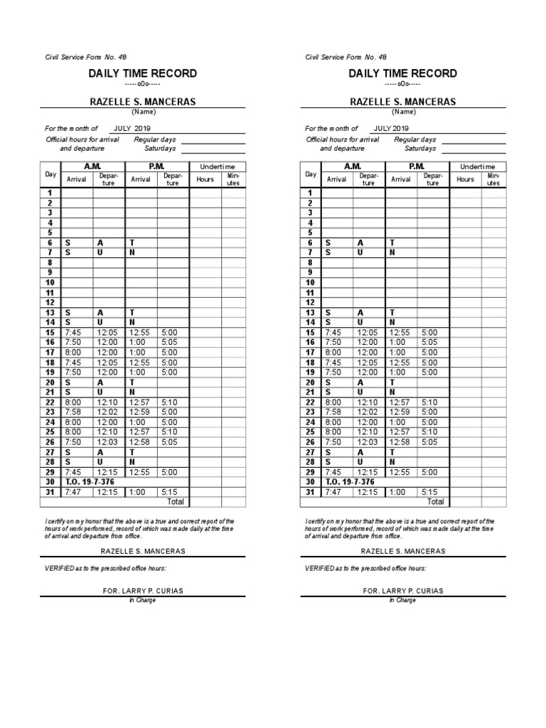 CSCForm48 DailyTimeRecord (DTR) | PDF | Teaching Mathematics