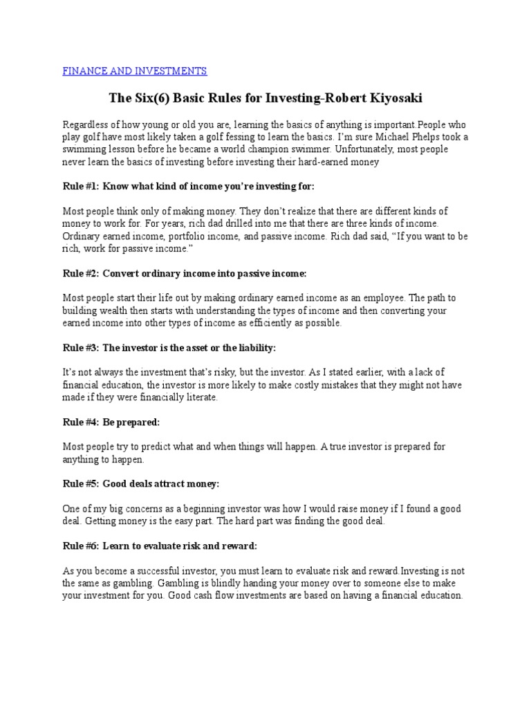 The Six Basic Rules For Investing-Robert Kiyosaki | PDF