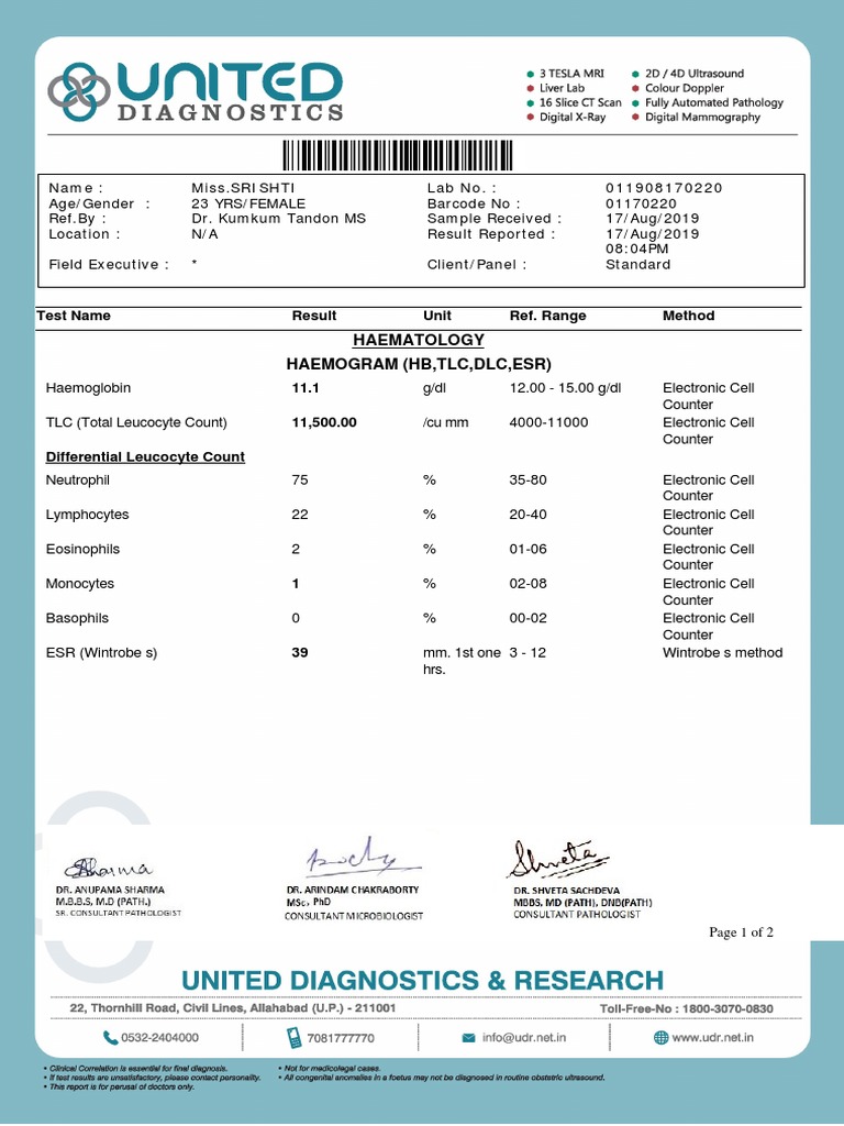 Haematology Haemogram (HB, TLC, DLC, Esr) : Name: Miss - SRISHTI Lab No ...