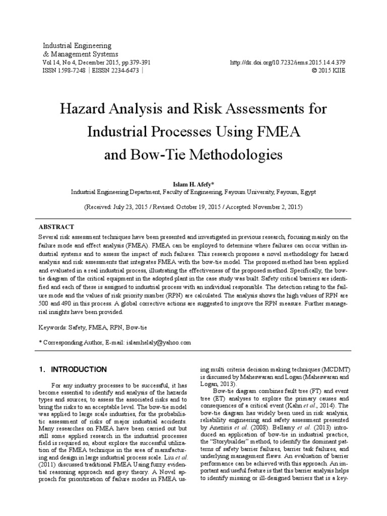 Hazard Analysis and Risk Assessments For Industrial Processes Using ...