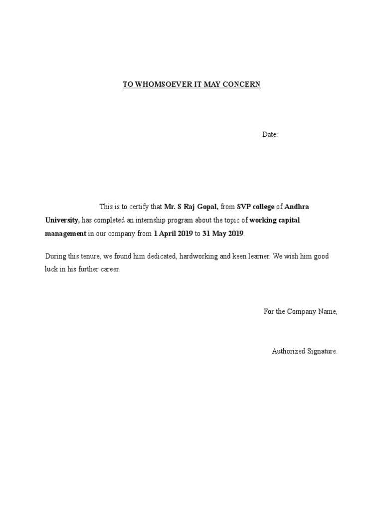 Internship Certificate Format For MBA Finance | PDF