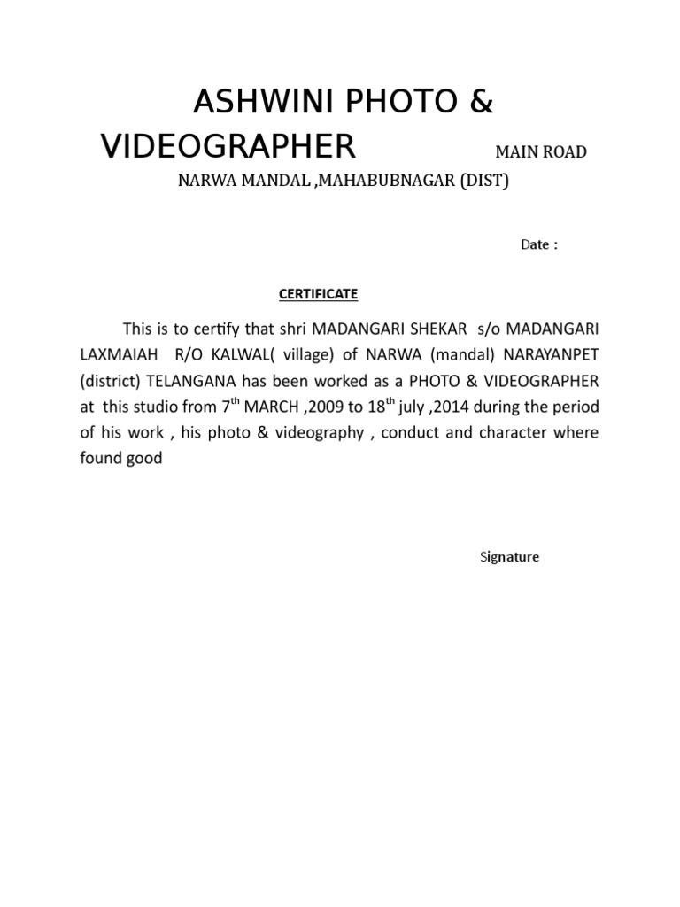 Ashwini Photo & Videographer: Date: Certificate | PDF