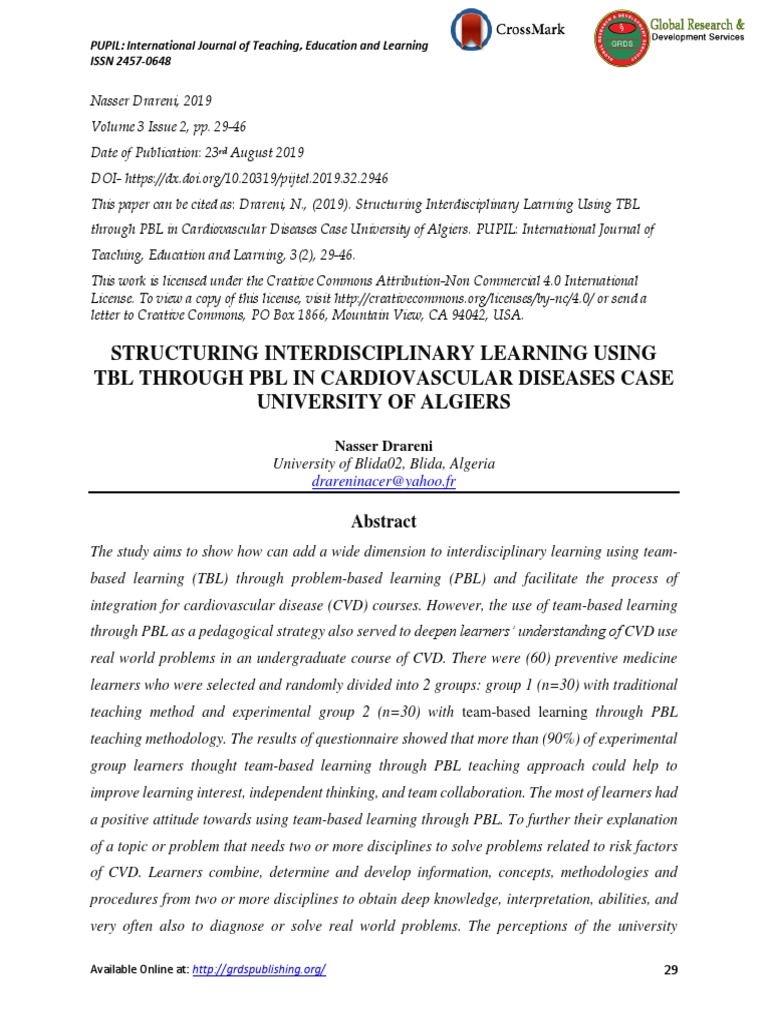 Structuring Interdisciplinary Learning Using TBL Through PBL in Cardiovascular Diseases Case ...