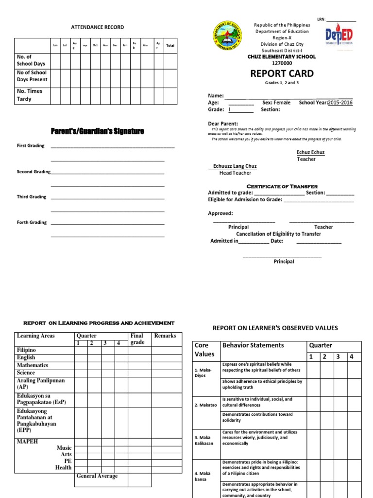 Report Card: Parent's/Guardian's Signature | PDF | Behavioural Sciences ...