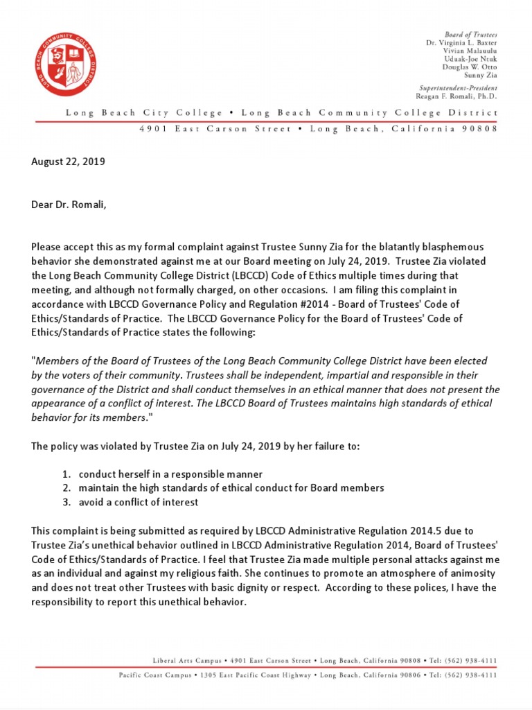 An Ethics Complaint Submitted by Board President Vivian Malauulu August ...