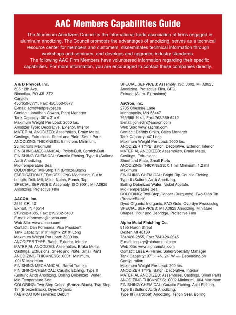 AAC Members Capabilities Guide: A & D Prevost, Inc | PDF | Etching ...