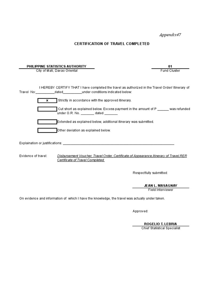Certification of Travel Completion | PDF