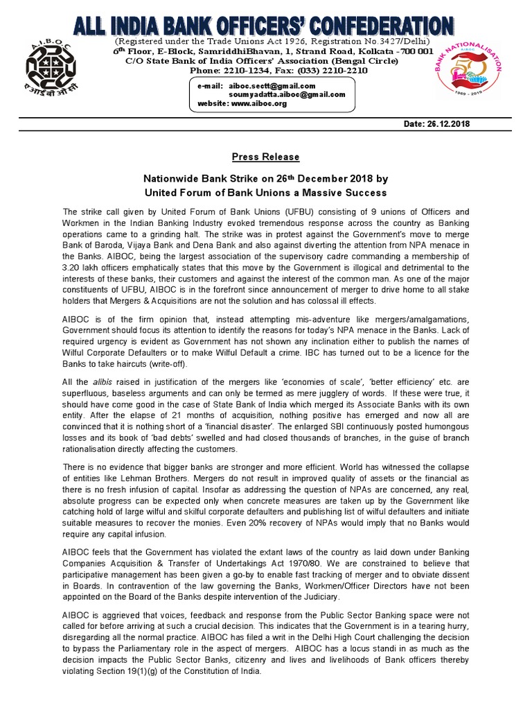 Press Release AIBOC-December 26, 2018 | PDF | Mergers And Acquisitions ...