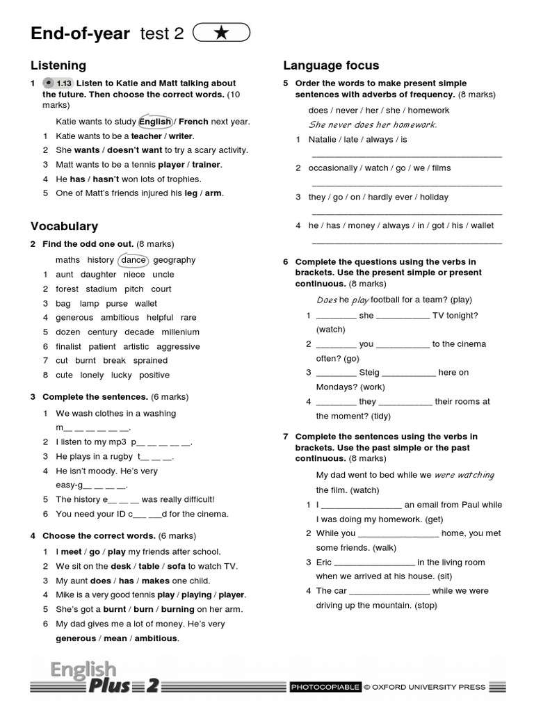 End-Of-Year Test 2: Listening Language Focus | PDF | Linguistics | Grammar