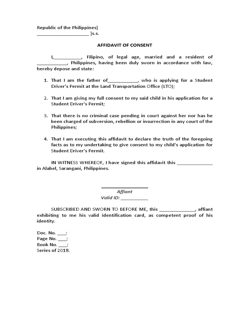 Affidavit of Consent - LTO Student Permit - Blank Form | Download Free ...