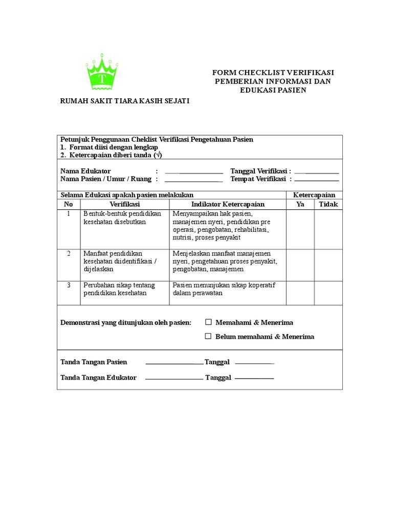 Checklist Verifikasi Edukasi Pasien | PDF