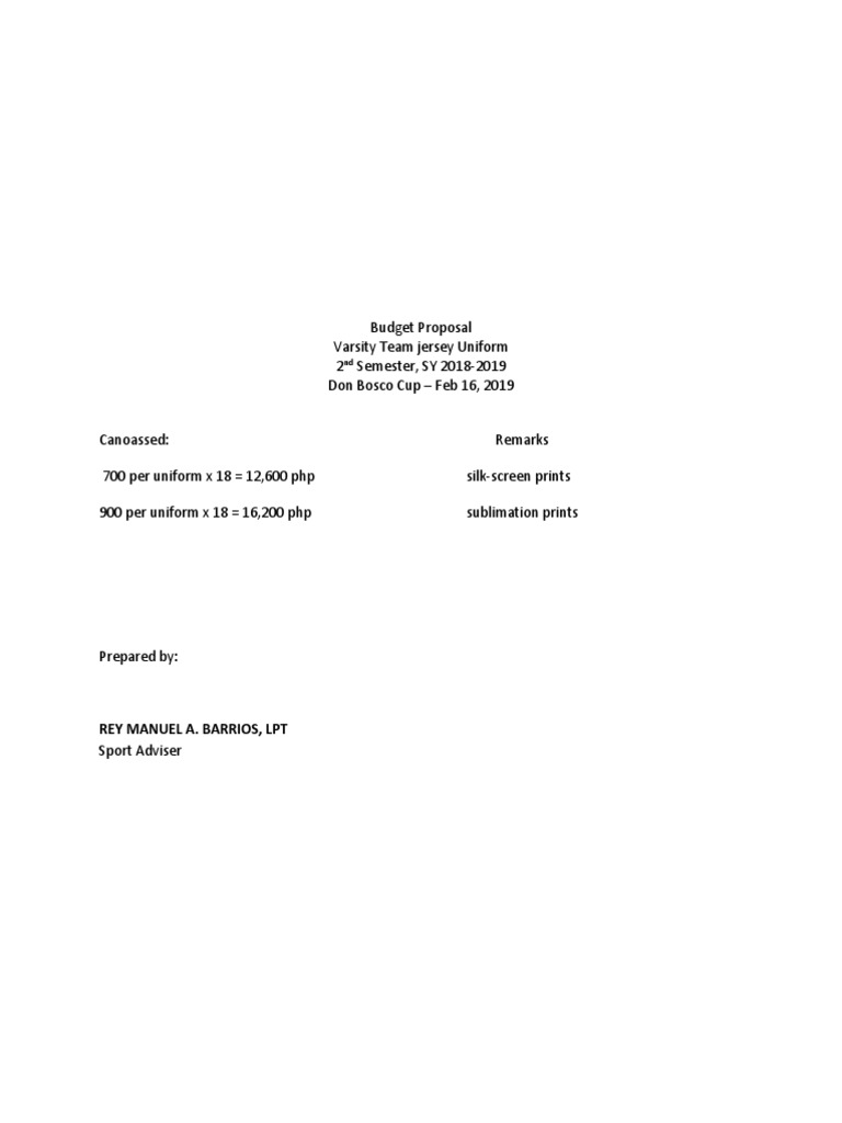 Budget Proposal Varsity Team Jersey Uniform 2 Semester, SY 2018-2019 ...