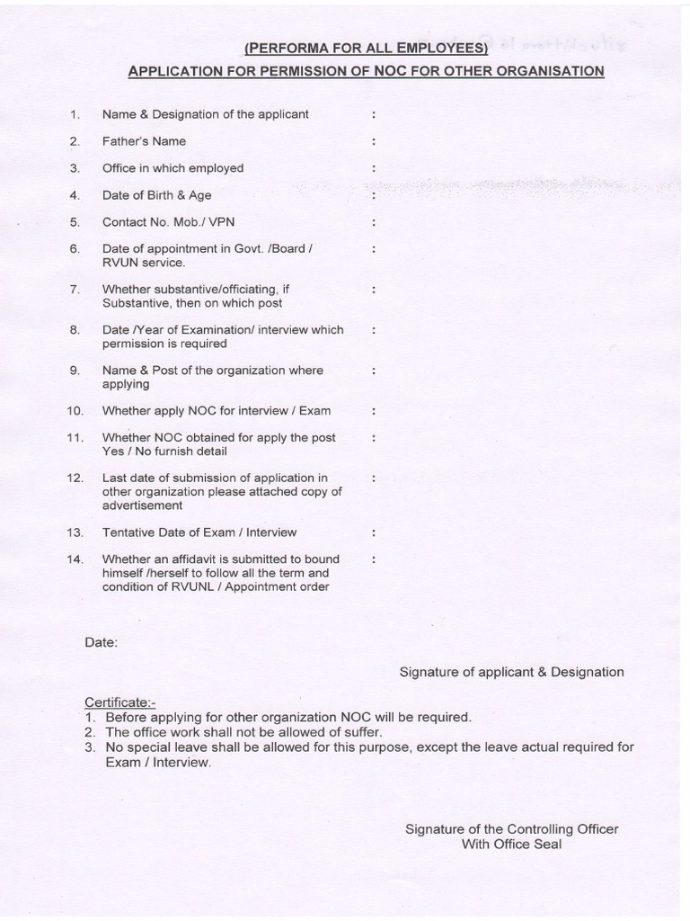 (Performa Application of Noc Organisation: & Father's | PDF