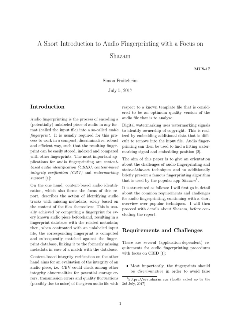 A Short Introduction To Audio Fingerprinting With A Focus On Shazam | Download Free PDF ...