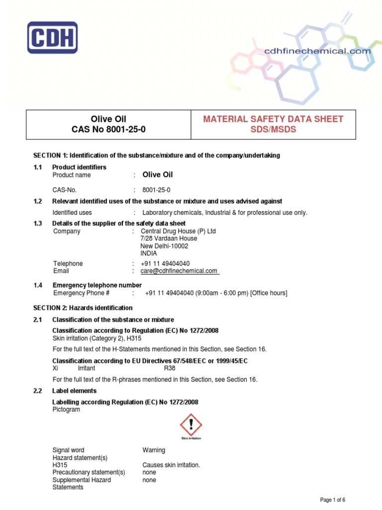 Olive Oil CAS No 8001-25-0: Material Safety Data Sheet Sds/Msds | PDF ...