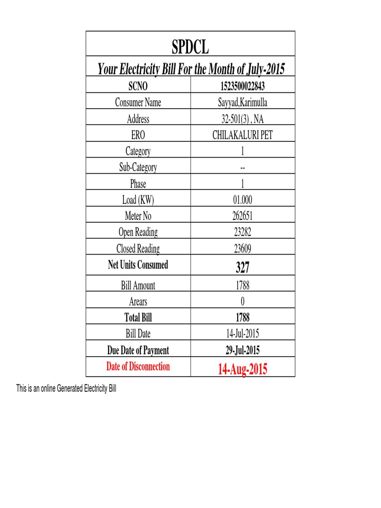 SPDCL Sample Bill | PDF