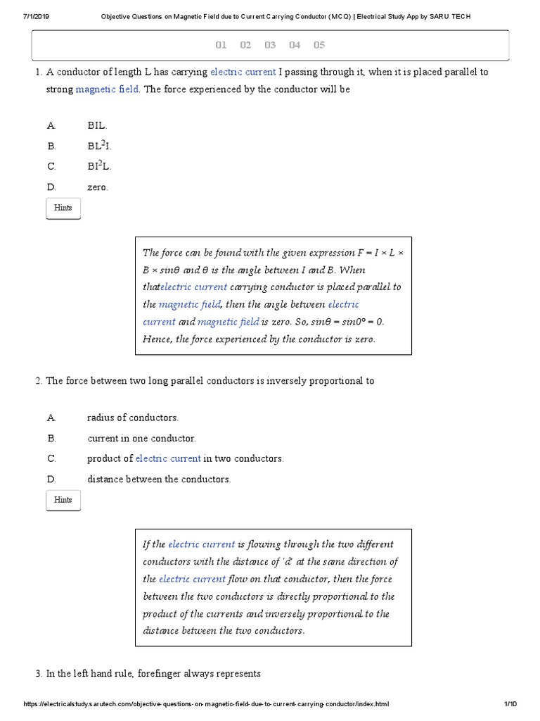 MCQs on Magnetic Field from Current | PDF | Magnetism | Magnetization
