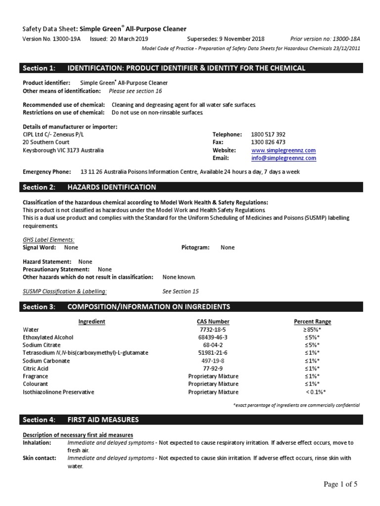 SDS en-AU SimpleGreenAllPurposeCleaner | PDF | Toxicity | Dangerous Goods