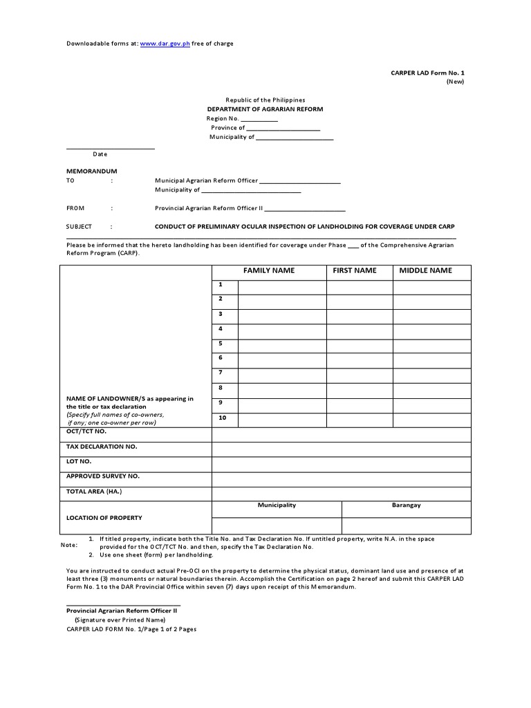 CARPER LAD Form No. 1 Instructions | PDF | Government | Business