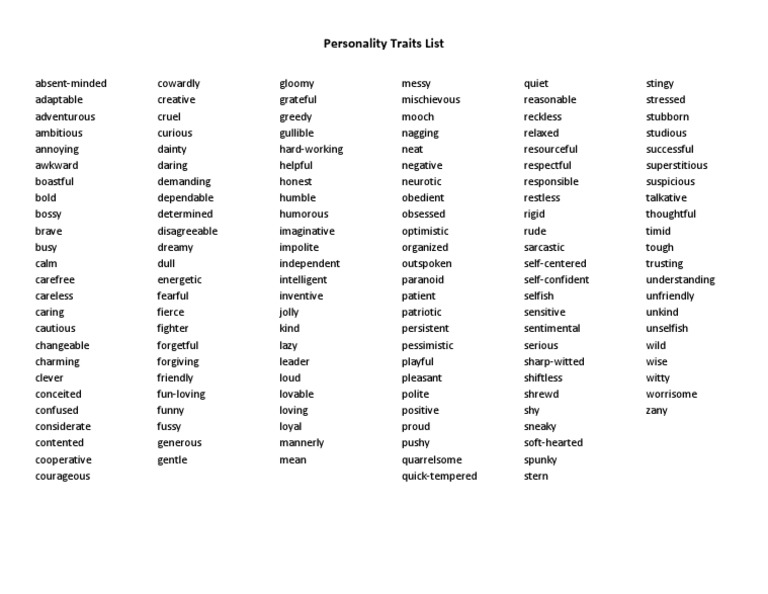 Comprehensive Personality Traits List | PDF