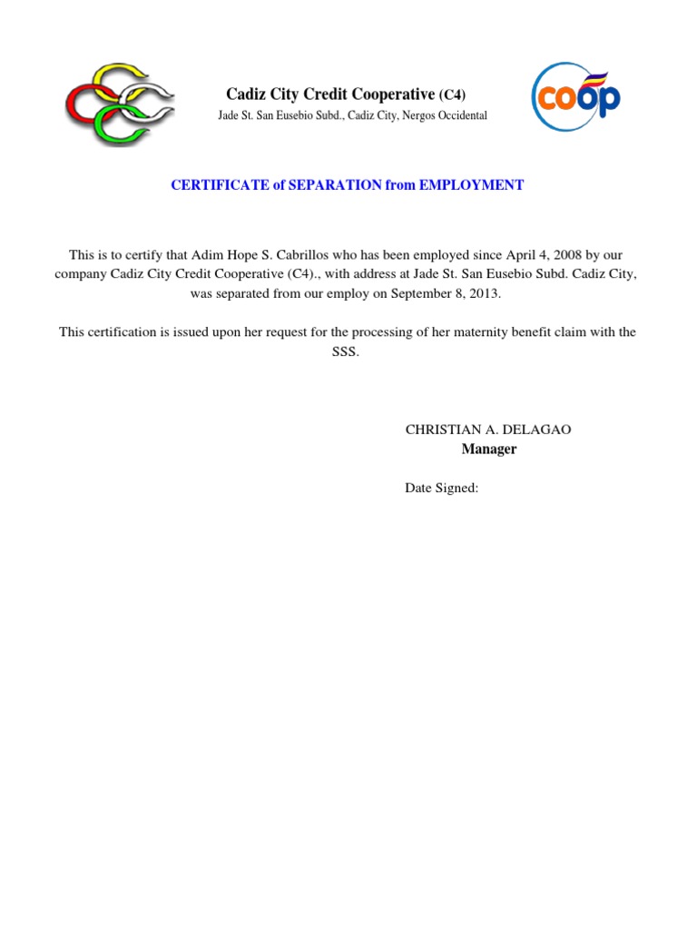 Cadiz City Credit Cooperative: Certificate of Separation From ...