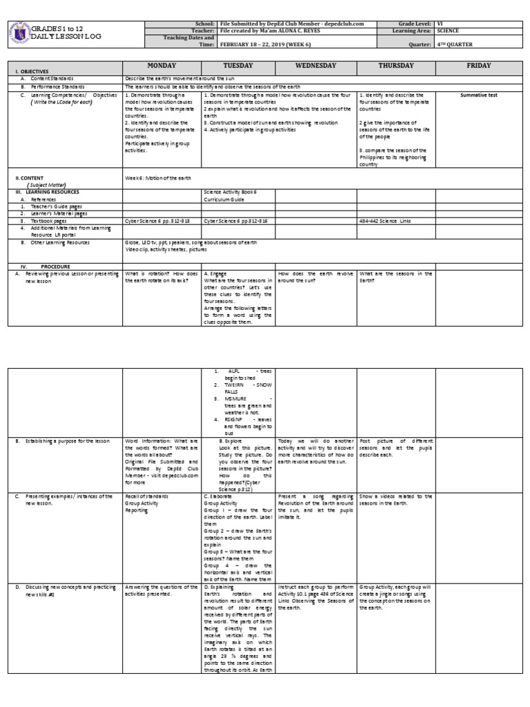 Earth’s Seasons: Week 6 Lesson Plan | PDF | Rotation | Earth
