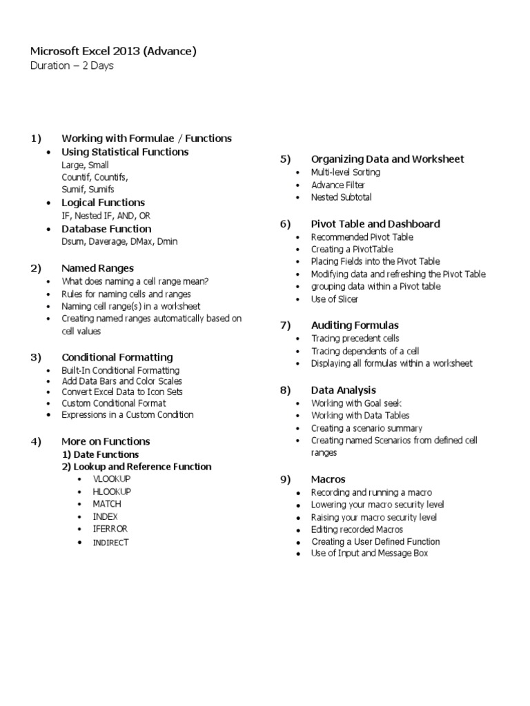 Advanced MS Excel 2013 - 2 Days | PDF | Microsoft Excel | Computer ...