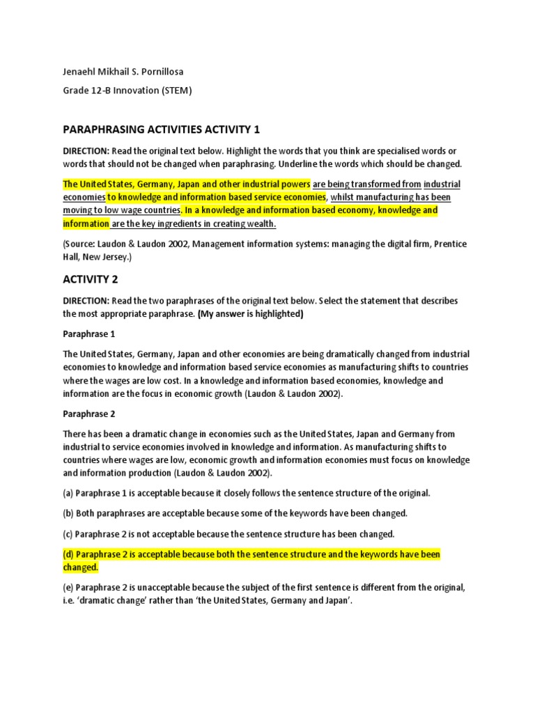 Grade 12 STEM Paraphrasing Activities | PDF | Decentralization ...