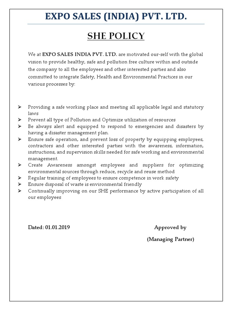 Expo Sales (India) Pvt. LTD.: She Policy | PDF