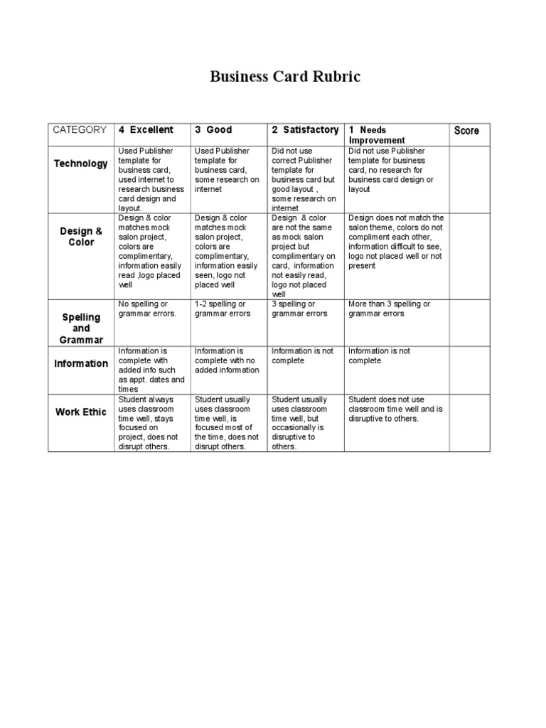 Business Card Rubric: 4 Excellent 3 Good 2 Satisfactory 1 | PDF ...