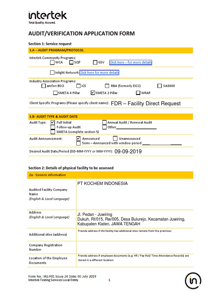 Audit Application Form - V24 - 3 July 2019 - PT KOCHEM INDONESIA PDF ...