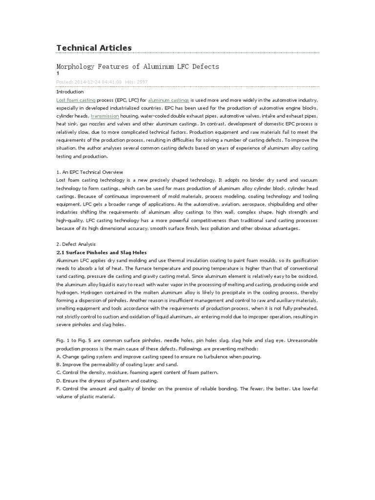 Pin Hole Technical Articles | PDF | Casting (Metalworking) | Procedural ...