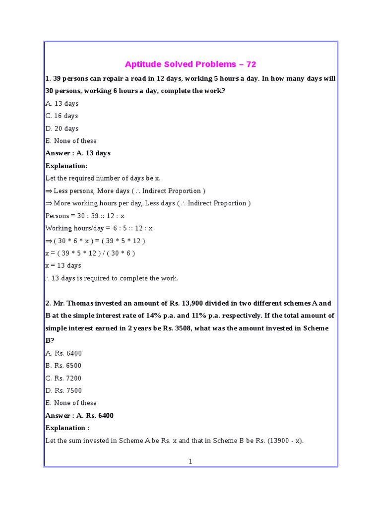 Aptitude Solved 72 | PDF | Fraction (Mathematics) | Investing