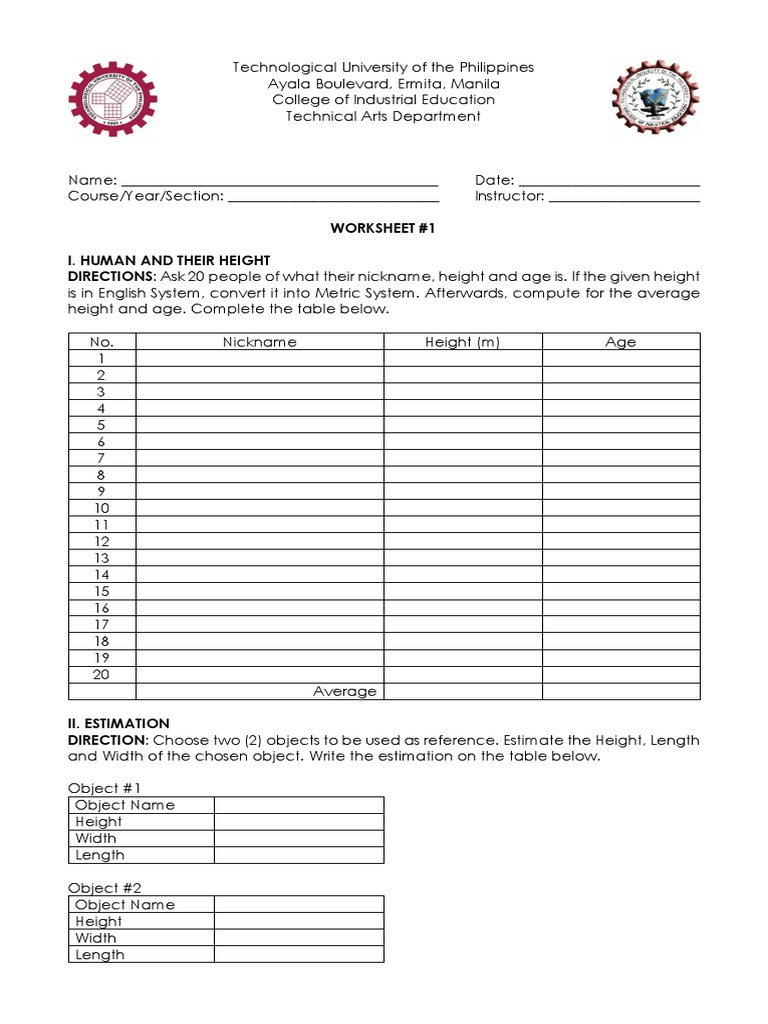 Worksheet #1 I. Human and Their Height DIRECTIONS: Ask 20 People of ...