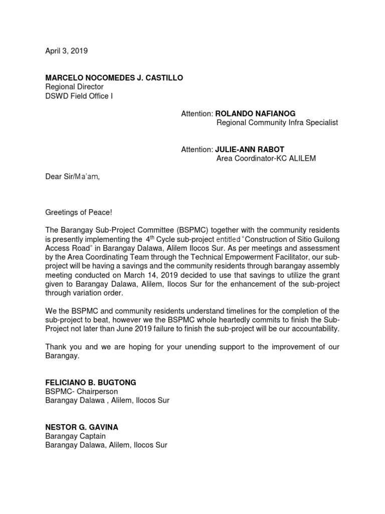 Request for Variation Order to Enhance Barangay Sub-Project and ...