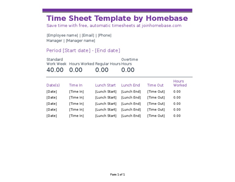 Time Sheet Template by Homebase: Period (Start Date) - (End Date) | PDF