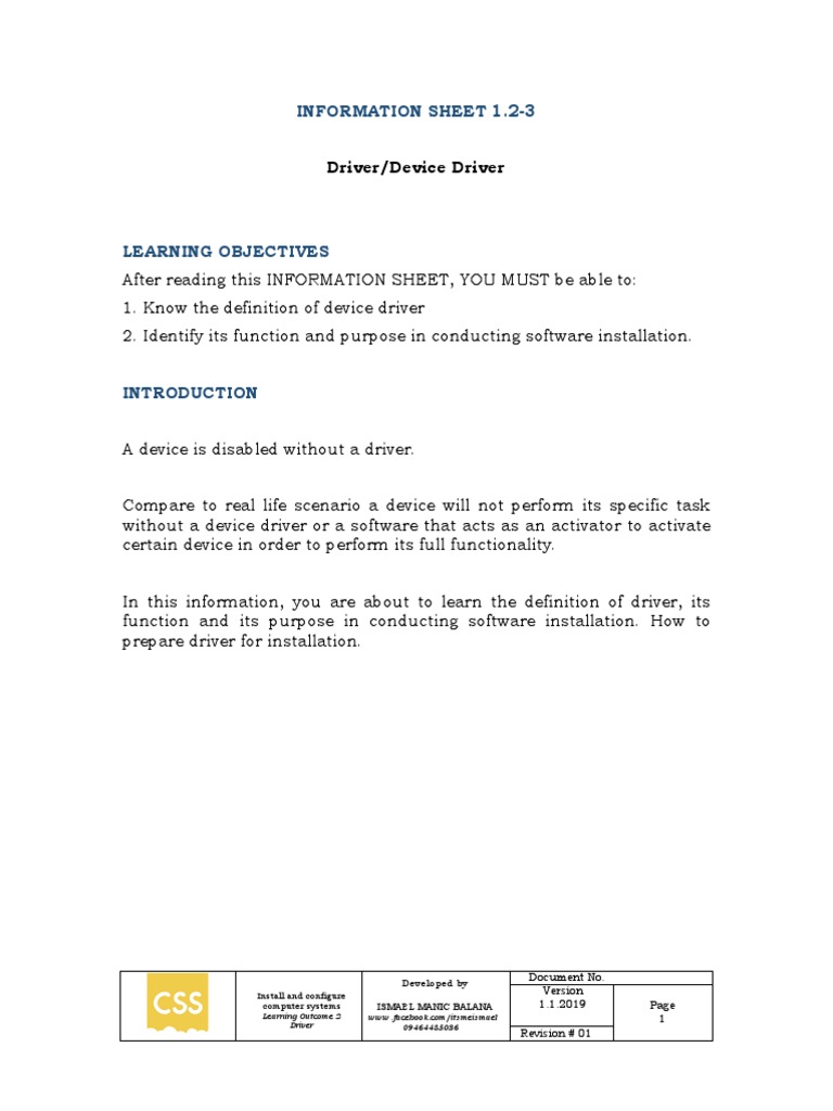 Information Sheet 1.2-3: Driver/Device Driver | PDF | Device Driver | Computer Hardware