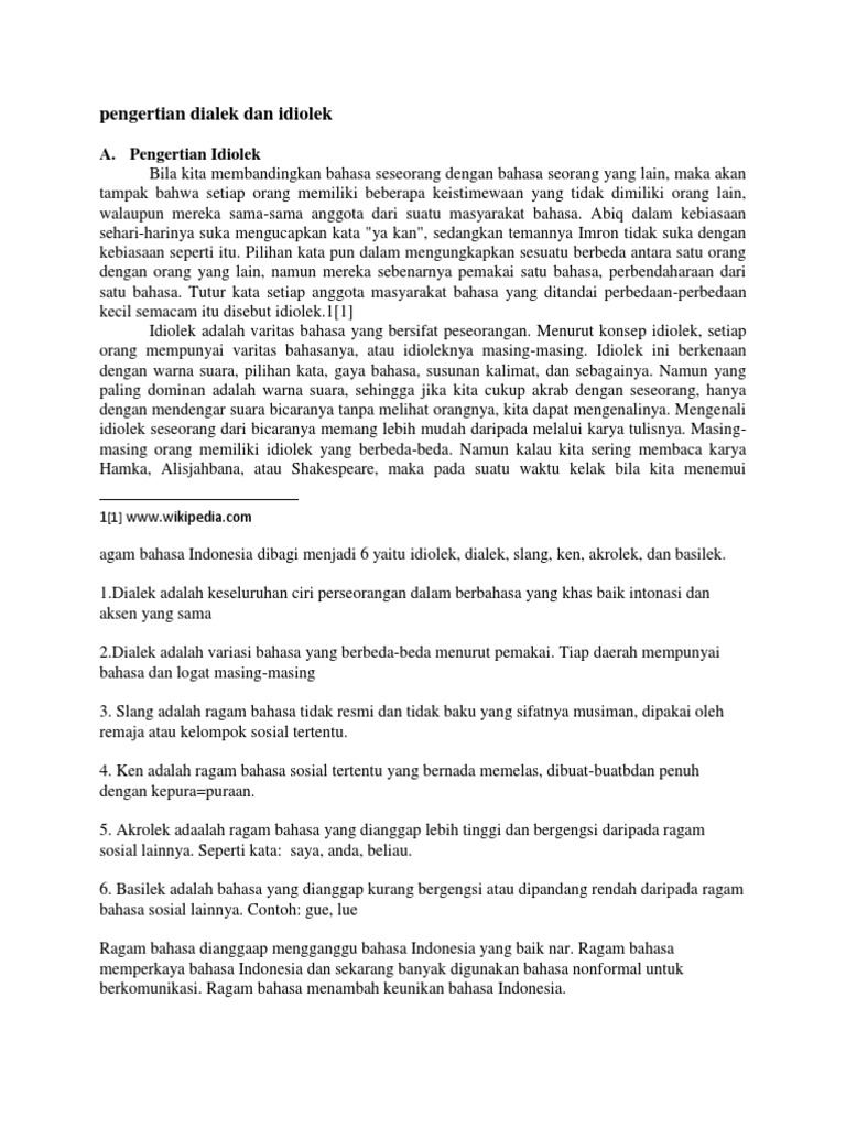 Pengertian Dialek Dan Idiolek | PDF | Seni & Disiplin Bahasa