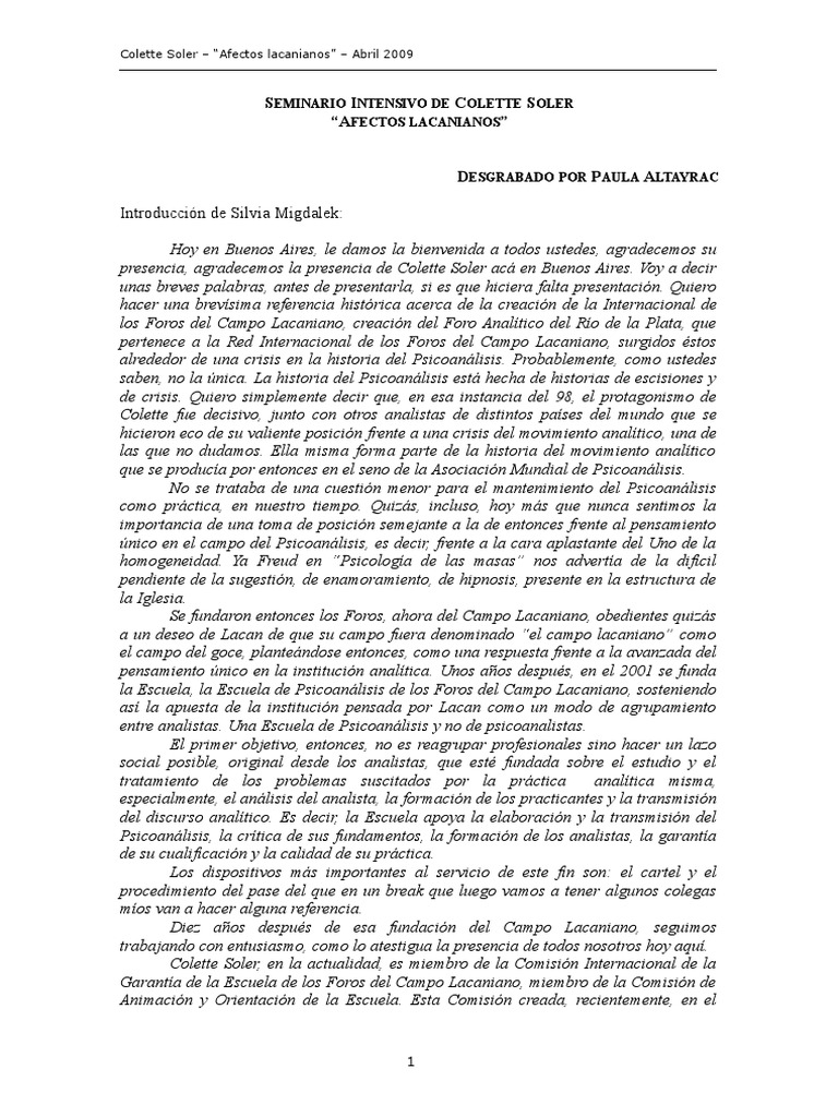 Colette Soler Afectos Lacanianos | PDF | Jacques Lacan | Psicoanálisis