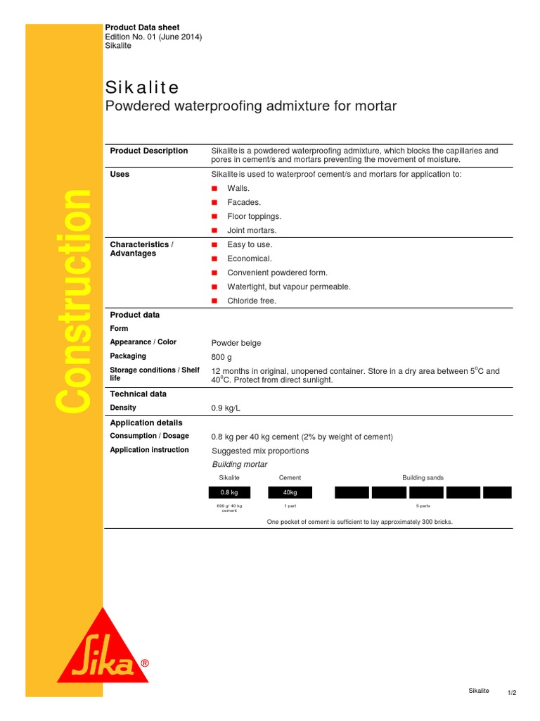 Sikalite | PDF | Mortar (Masonry) | Cement