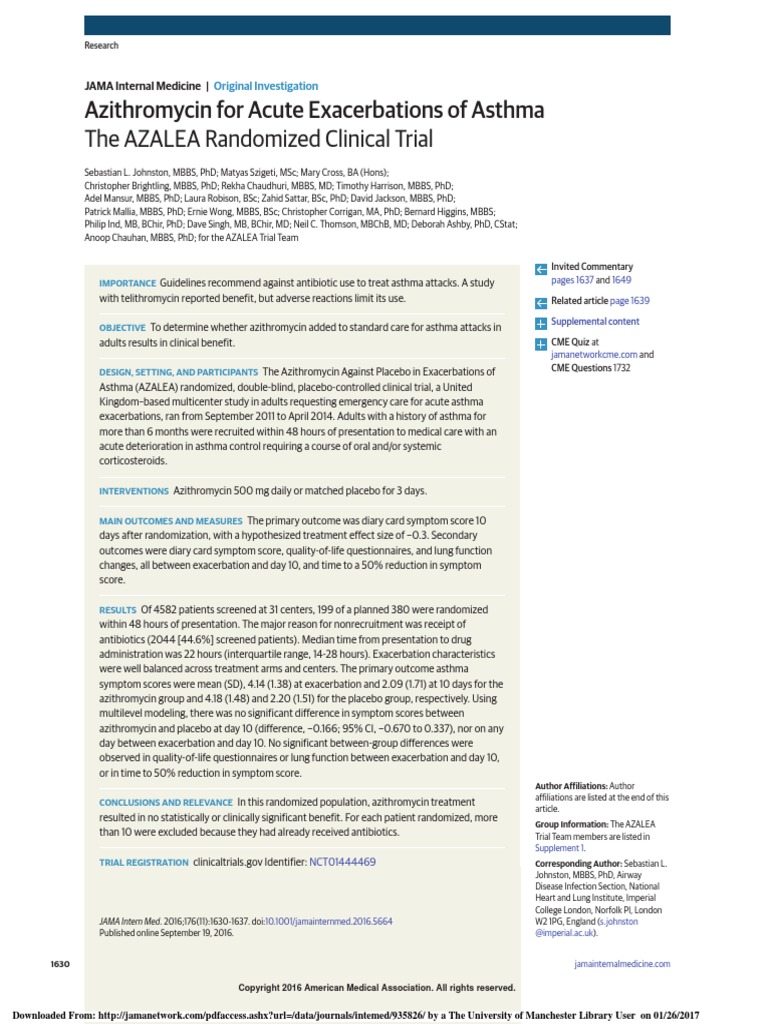 Azithromycin For Acute Exacerbations of Asthma The AZALEA Randomized ...