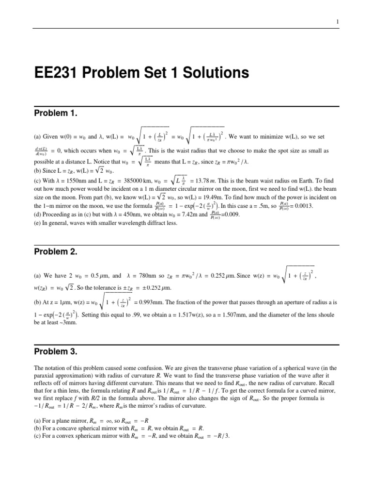 EE231 Problem Set 1 Solutions | PDF | Wavelength | Lens (Optics)