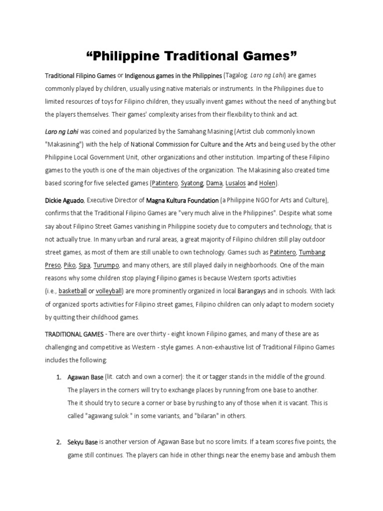 Philippine Traditional Games | PDF | Philippines | Leisure