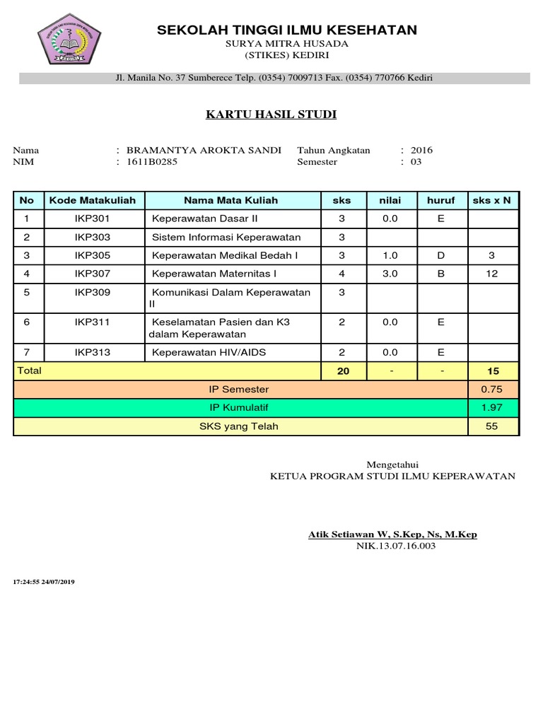 Kartu Hasil Studi STIKES Kediri 2019 | PDF