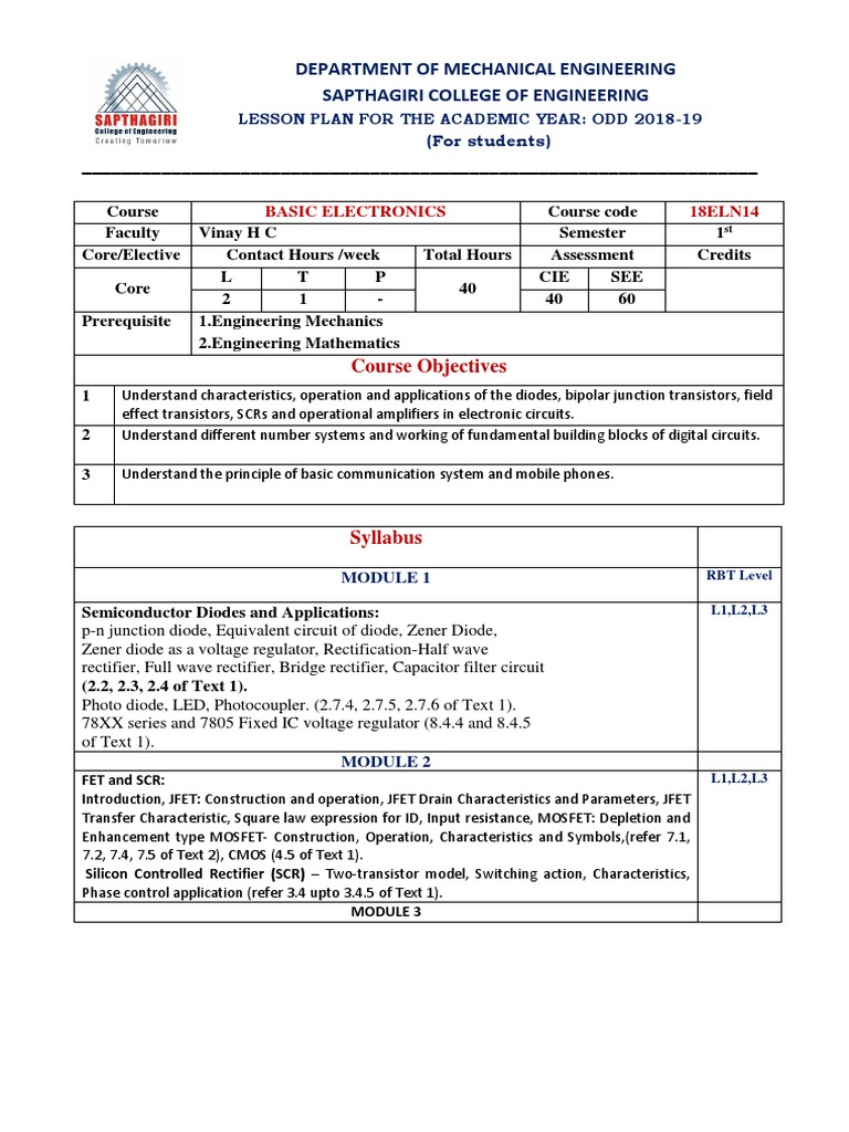 Lessonplan Basic Electronics 18ELN24 | PDF | Operational Amplifier ...