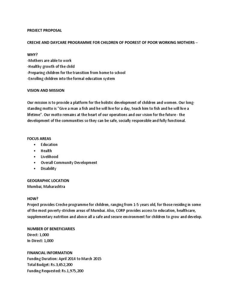 Project Proposal Creche and Daycare Programme For Children of Poorest ...