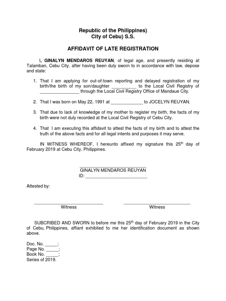 Affidavit On Delayed Registration REUYAN | PDF | Affidavit | Civil Law (Common Law)