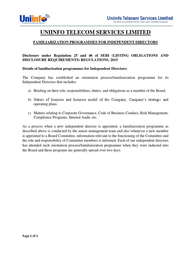 Familiarization Programs for Directors | PDF